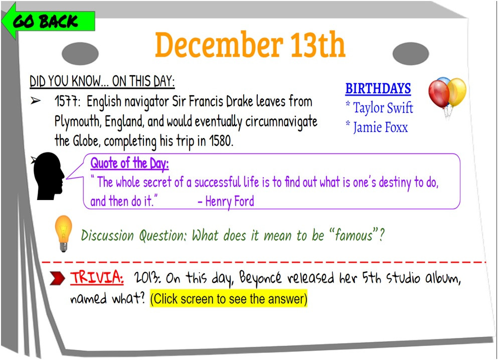 Daily Warm-Up, Closers for Class: Facts- Did You Know?-- December ...