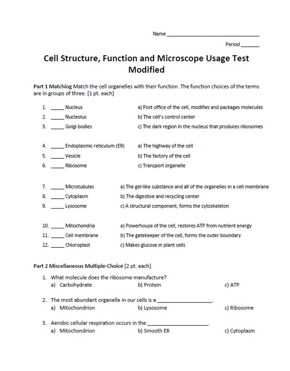 Cell Structure, Function, and Microscope Usage Test Series for Biology ...