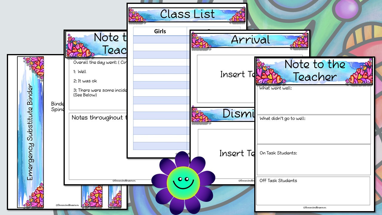 Sub Binder, Relief Teacher Binder - Doodle Flowers Design - Amped Up ...