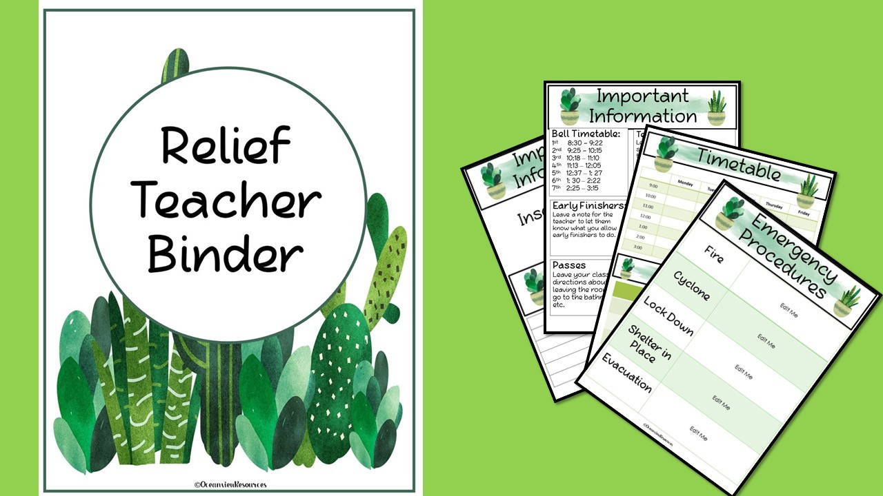 Sub Binder, Relief Teacher Binder - Cactus Design - Amped Up Learning