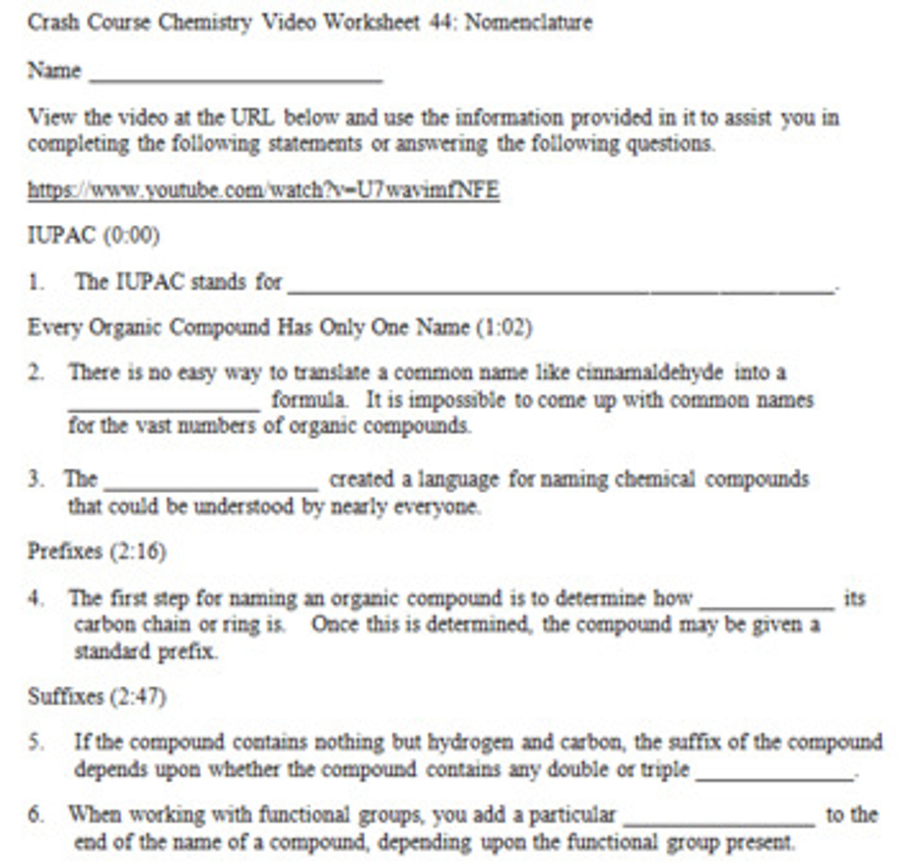 Crash Course Chemistry Video Worksheet 44: Nomenclature (Distance Learning)