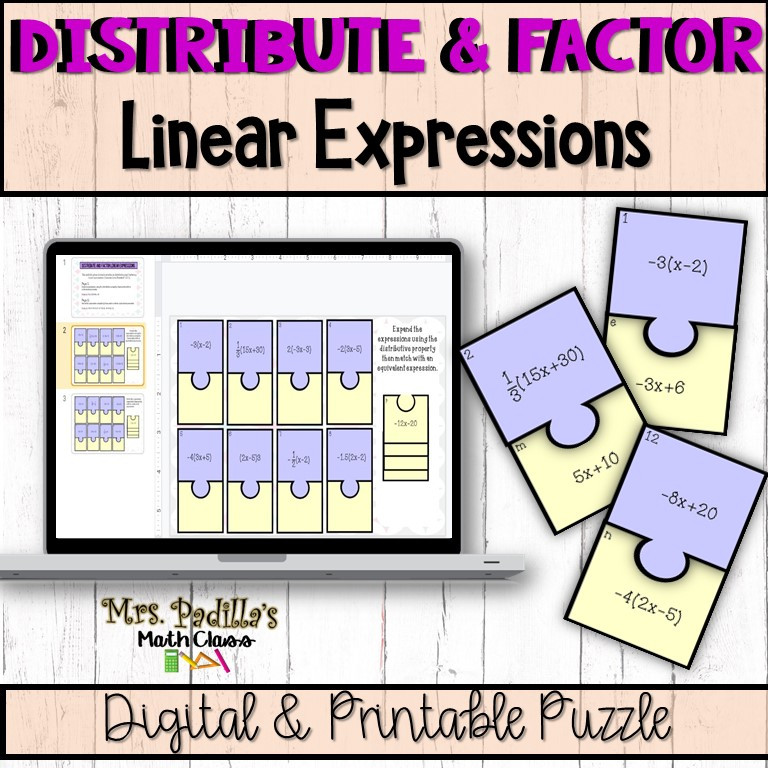 Distribute and Factor Linear Expressions Digital and Printable Puzzle