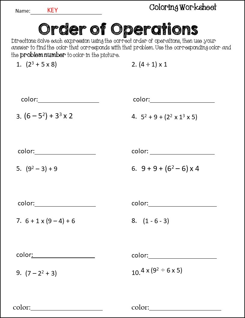 Order Of Operations Coloring Activity Pages Sketch Coloring Page