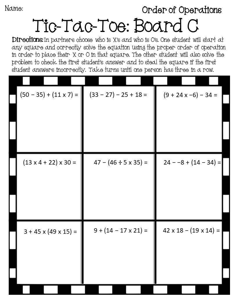 Order of Operations Tic Tac Toe Game - Amped Up Learning