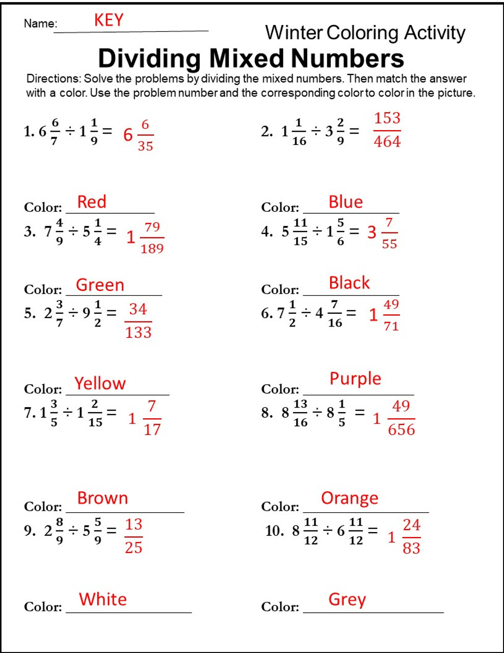 Winter Dividing Mixed Numbers Fractions Coloring Activity - Amped Up ... Winter Dividing Mixed Numbers Fractions Coloring Activity - Amped Up ...