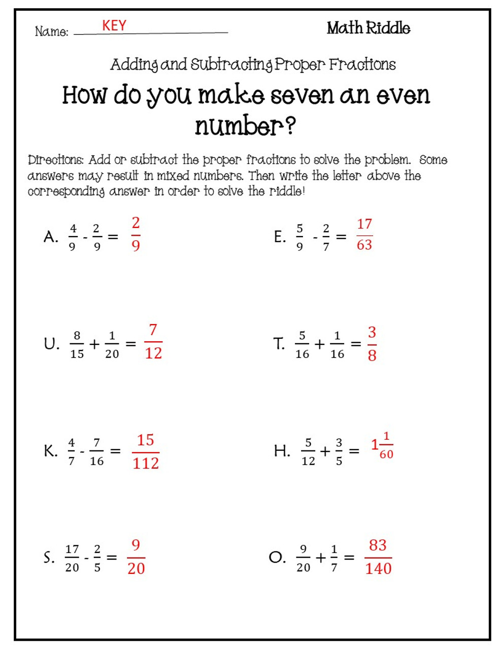 Fractions Adding & Subtracting Riddle Activity - Amped Up Learning