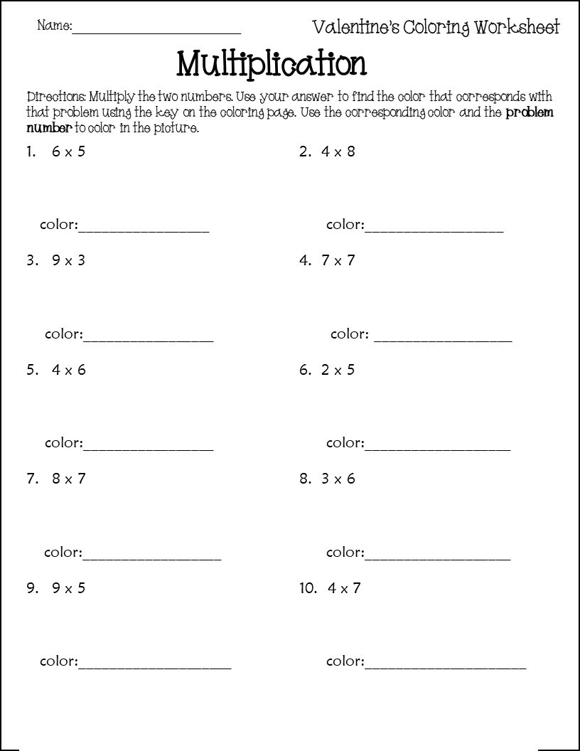 Valentine's Day Multiplying Single Digit Numbers Coloring Activity ...