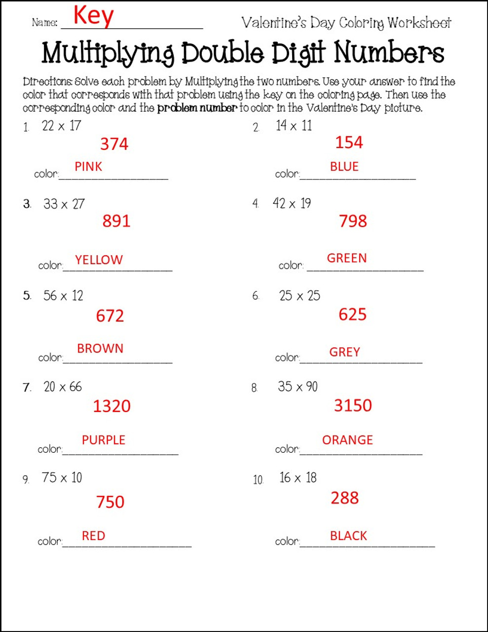 Valentine's Day Multiplying Double Digit Numbers Coloring Activity ...