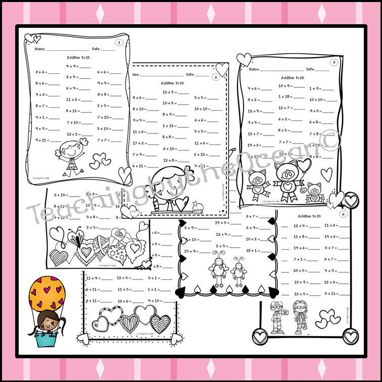 Addition to 20 Fact Fluency Worksheets - Valentine's Day Themed - Amped ...