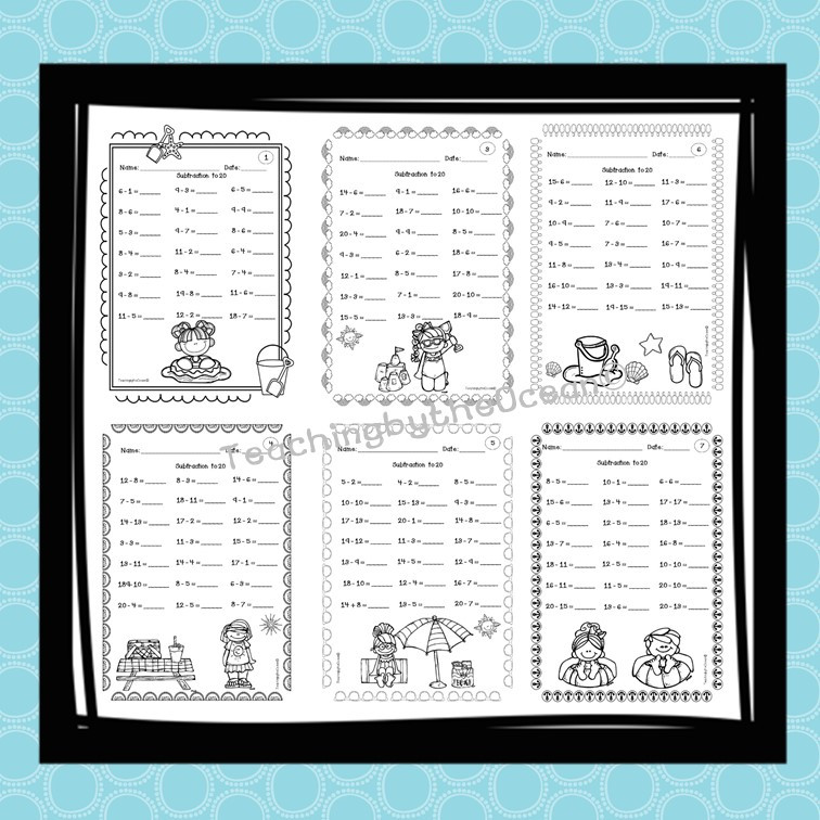 Summer Subtraction to 20 Fact Fluency Worksheets - Amped Up Learning