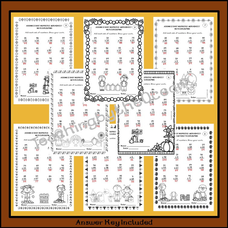 Adding 2 Digit Numbers Worksheets - Fall Themed - Amped Up Learning