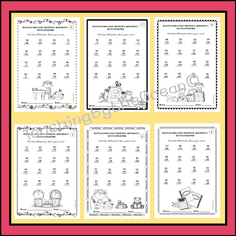 Subtracting 2 Digit Numbers Worksheets - Back to School Themed - Amped ...