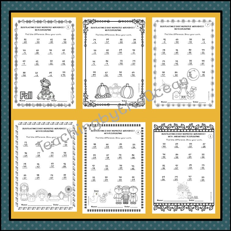 Subtracting 2 Digit Numbers Worksheets – Fall Themed - Amped Up Learning