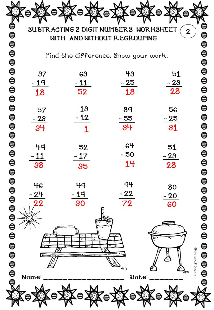 Subtracting 2 Digit Numbers Worksheets – Summer Themed - Amped Up Learning