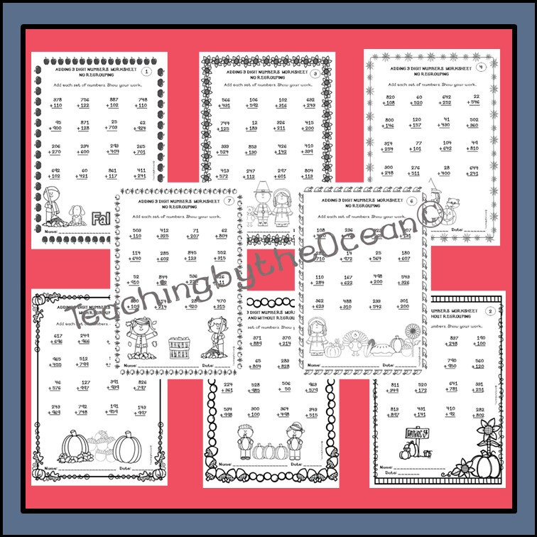 Adding 3 Digit Numbers Worksheets - Fall Themed - Amped Up Learning