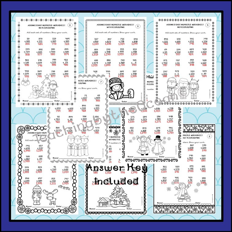 Adding 3 Digit Numbers Worksheets - Winter / Christmas Themed - Amped ...