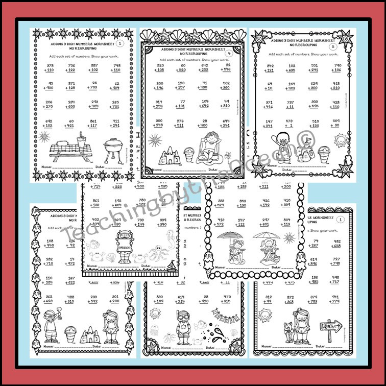 Adding 3 Digit Numbers Worksheets - Summer Themed - Amped Up Learning
