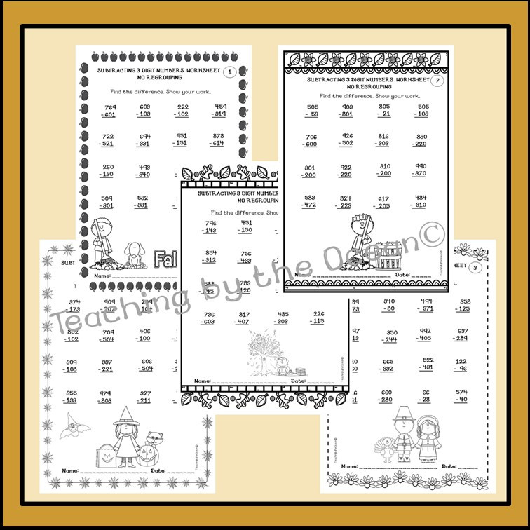 Subtracting 3 Digit Numbers Worksheets - Fall Themed - Amped Up Learning