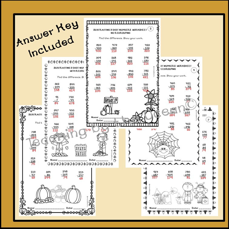 Subtracting 3 Digit Numbers Worksheets - Fall Themed - Amped Up Learning