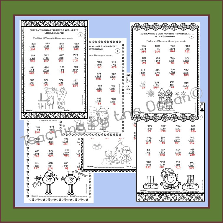 Subtracting 3 Digit Numbers Worksheets - Winter / Christmas Themed ...