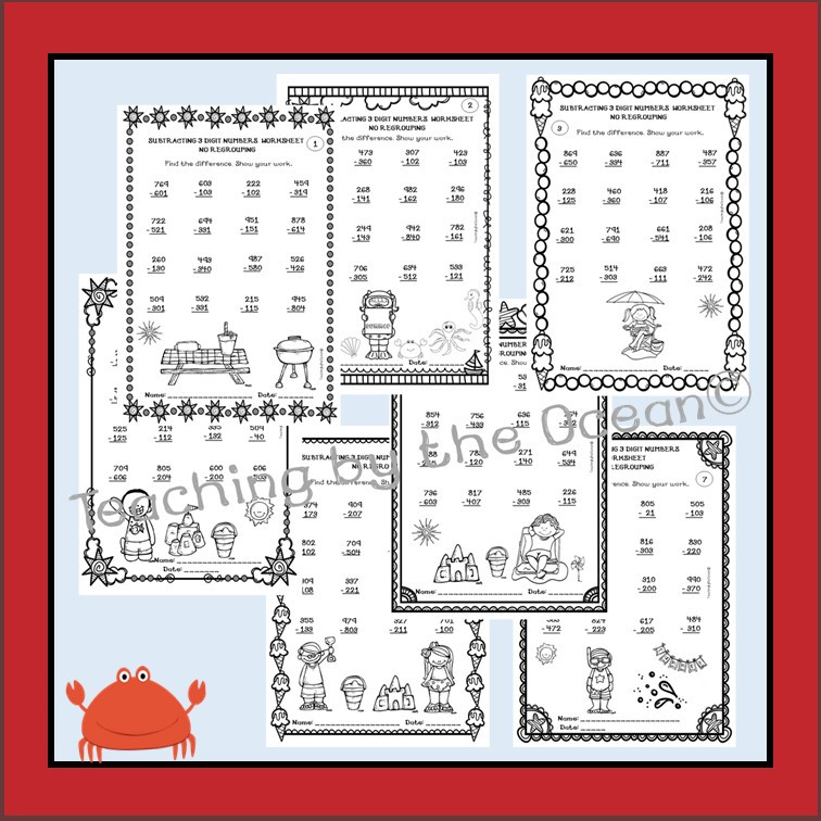 Subtracting 3 Digit Numbers Worksheets - Summer Themed - Amped Up Learning