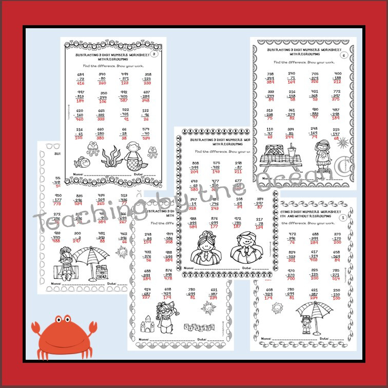 Subtracting 3 Digit Numbers Worksheets - Summer Themed - Amped Up Learning