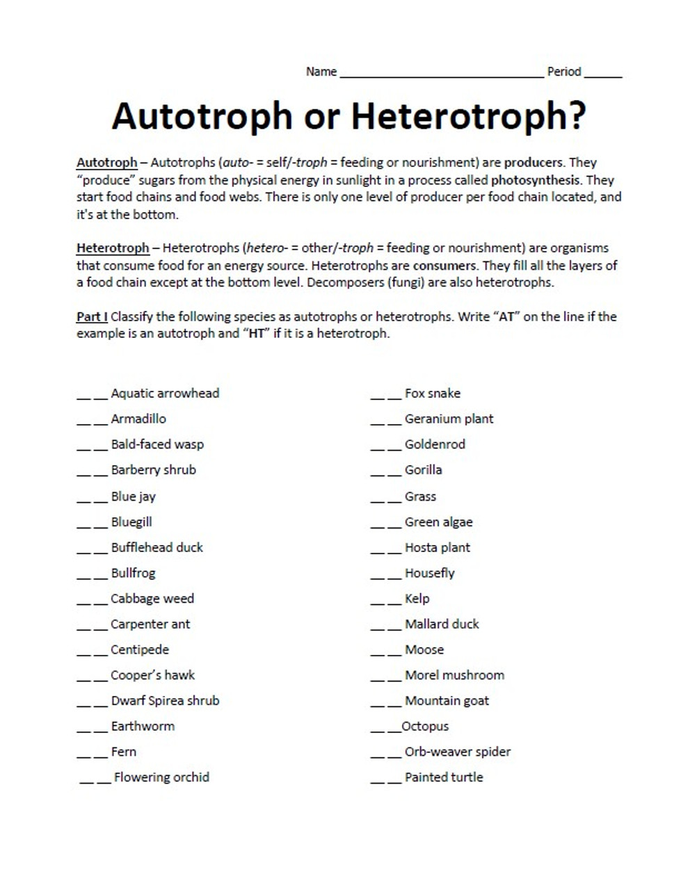 Autotroph or Heterotroph Classification Activity - Amped Up Learning