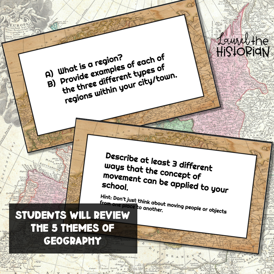 5 Themes of Geography & Map Skills Task Cards [Editable]