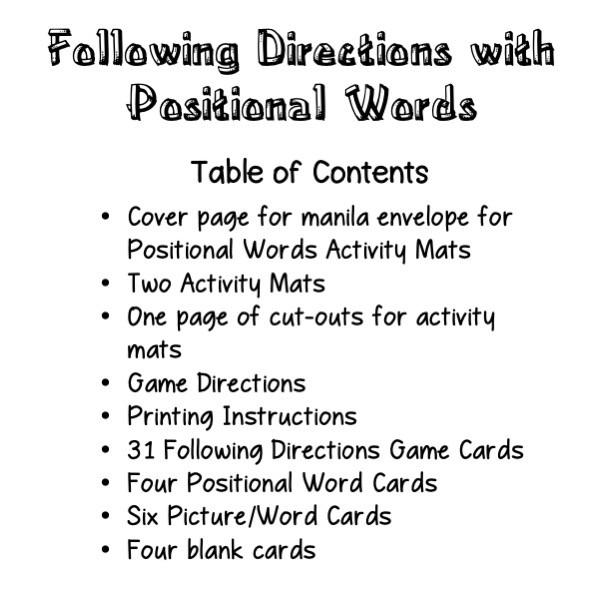 Following Directions with Positional Words Activity Mats