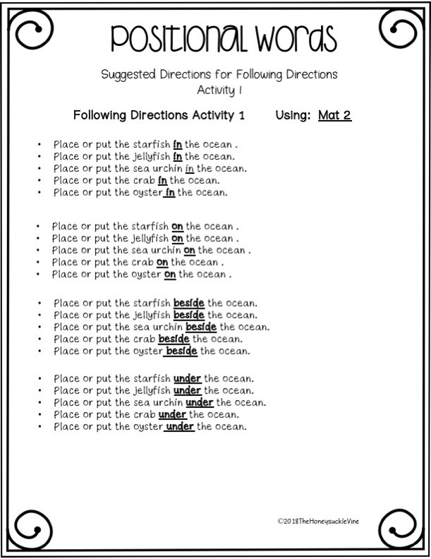 Following Directions with Positional Words Tide Pools