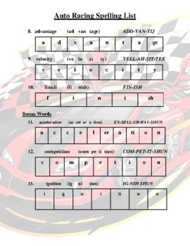 Auto Racing Spelling List - Amped Up Learning