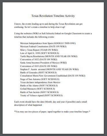 The Texas Revolution Timeline Activity