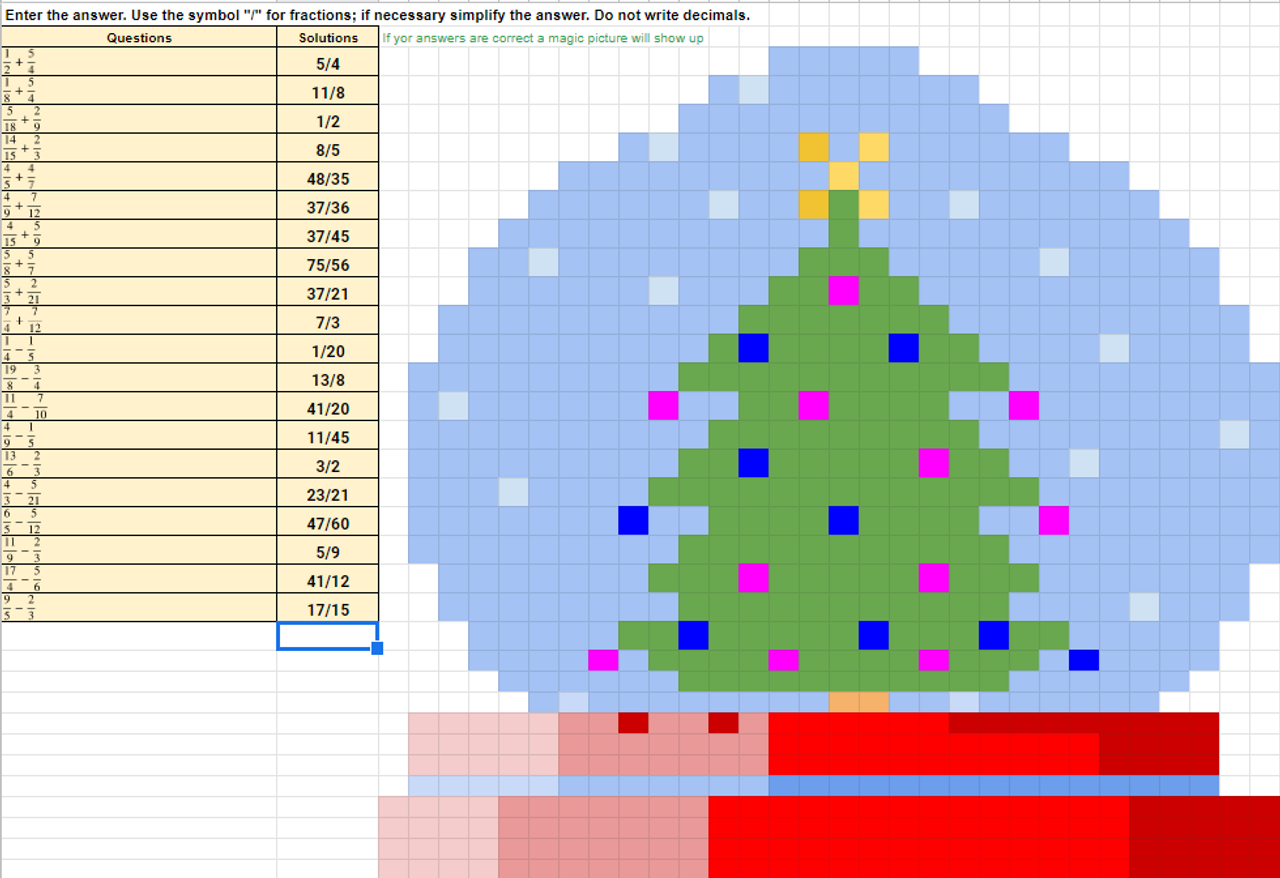 Adding and Subtracting Fractions Christmas Pixel Art Activity for Excel