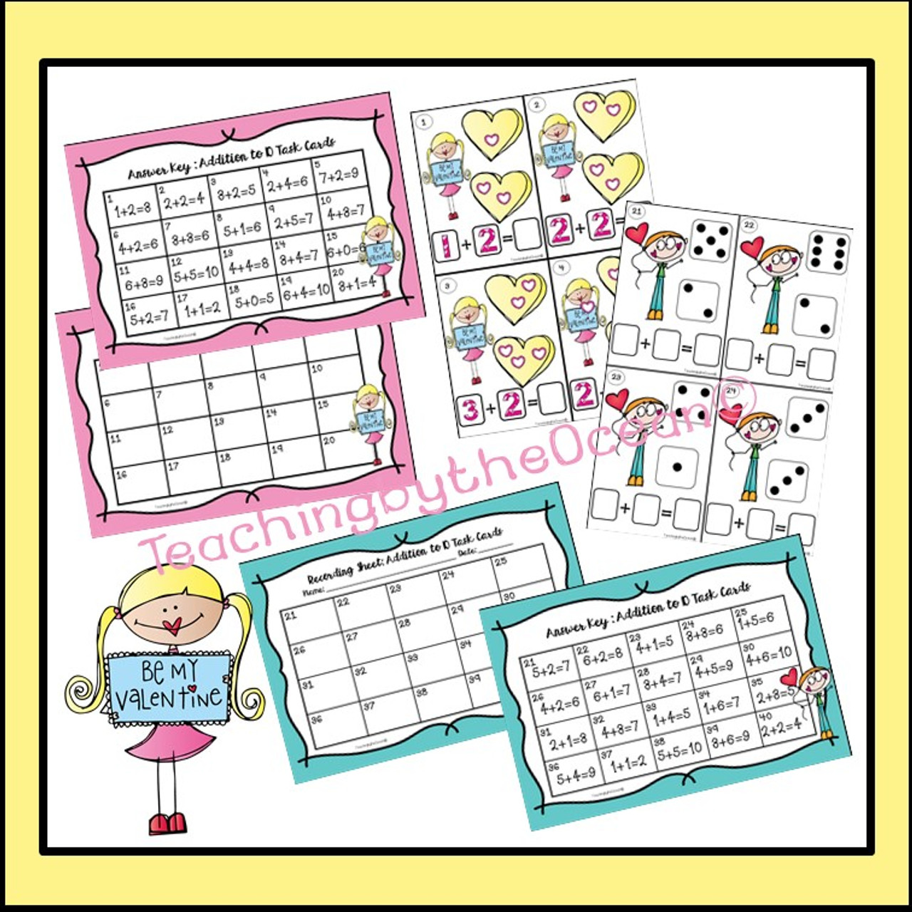 Addition to 10 Task Cards and NO PREP Worksheets - Valentine's - Amped ...