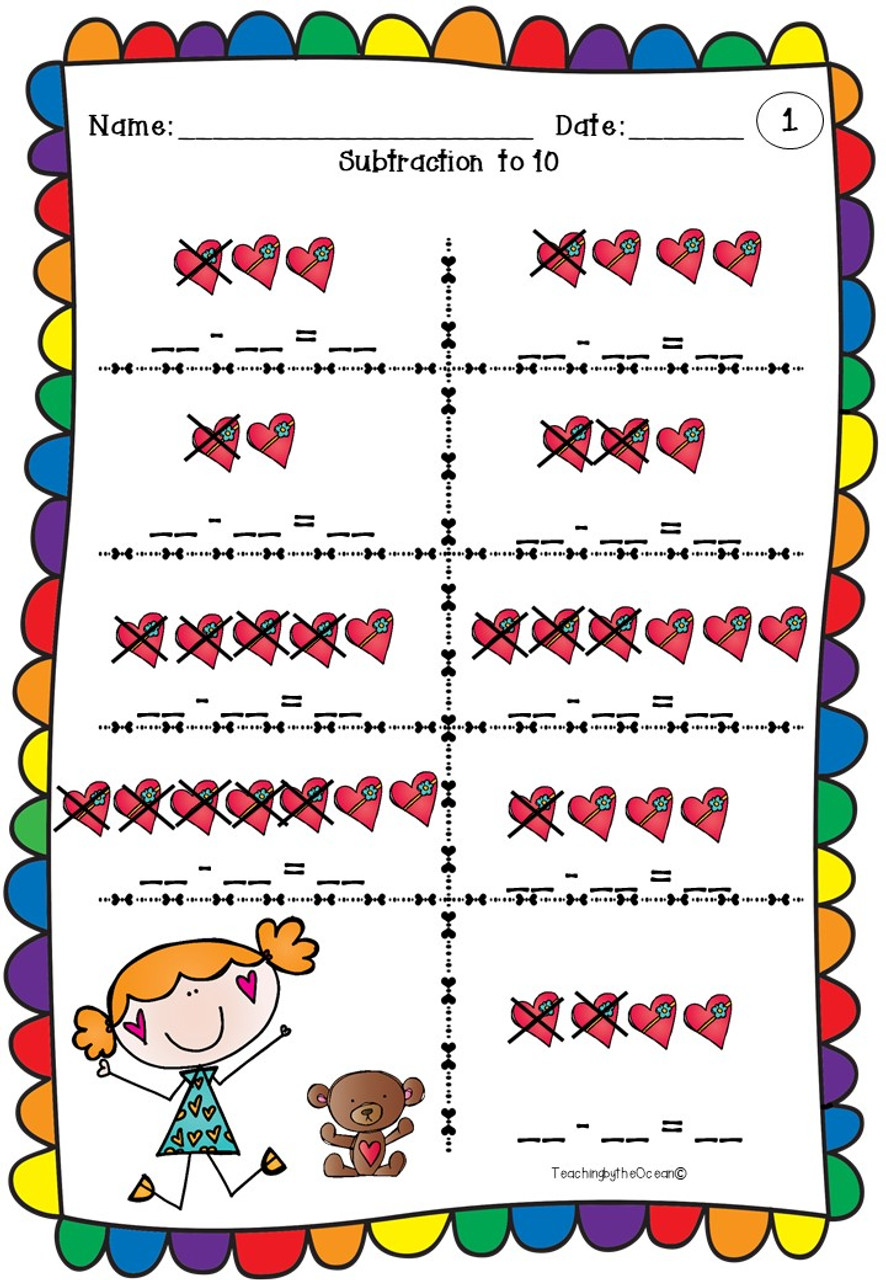 Subtraction to 10 Task Cards and NO PREP Worksheets -Valentine's ...