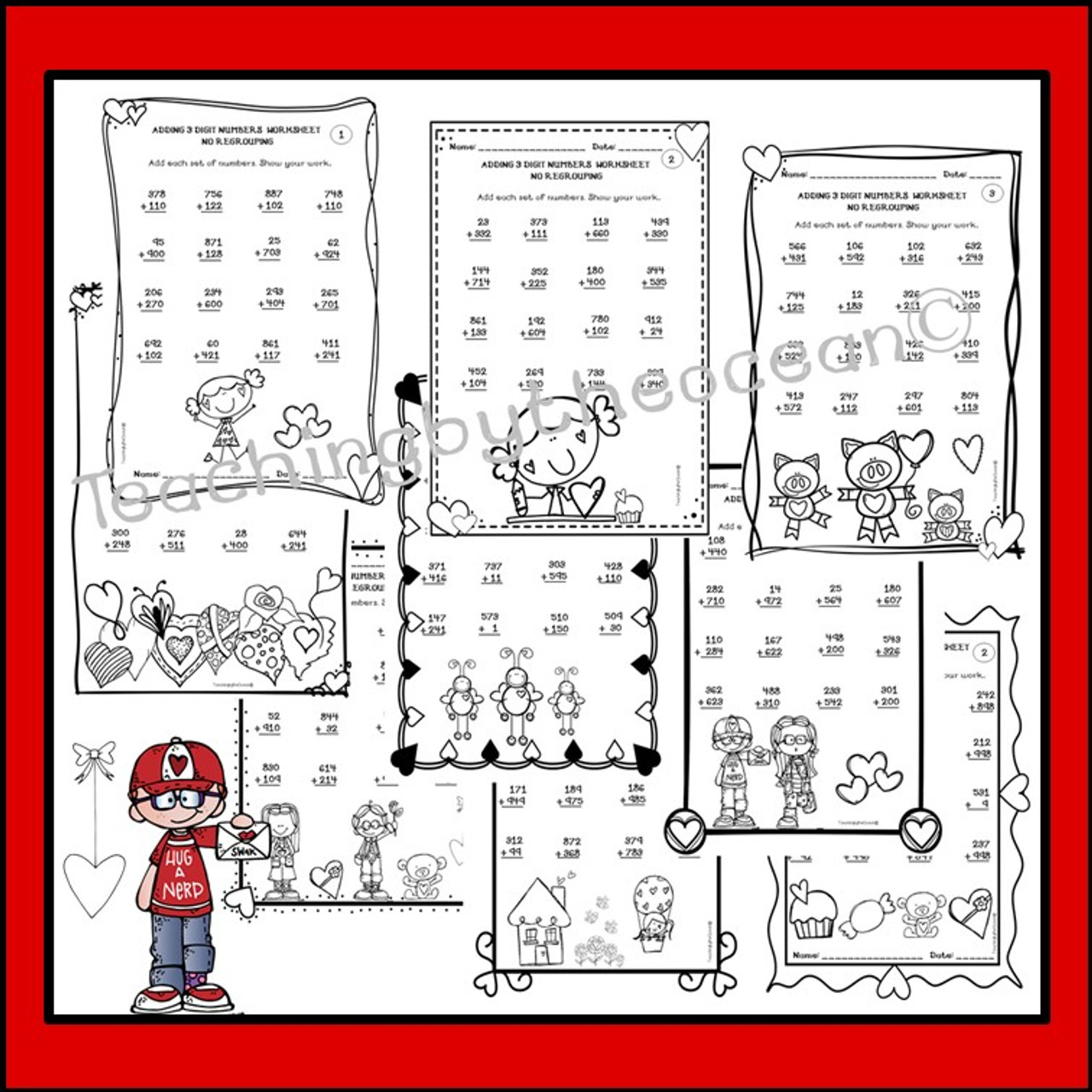 Adding 3 Digit Numbers Worksheets - Valentine's Day Themed - Amped Up ...