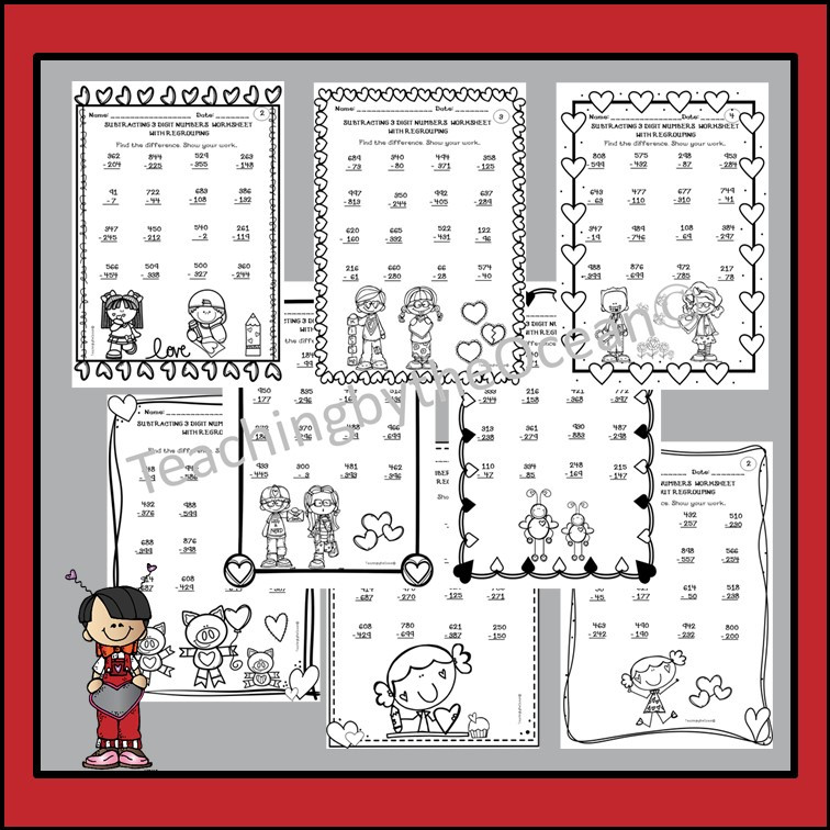 Subtracting 3 Digit Numbers Worksheets - Valentine's day Themed - Amped ...