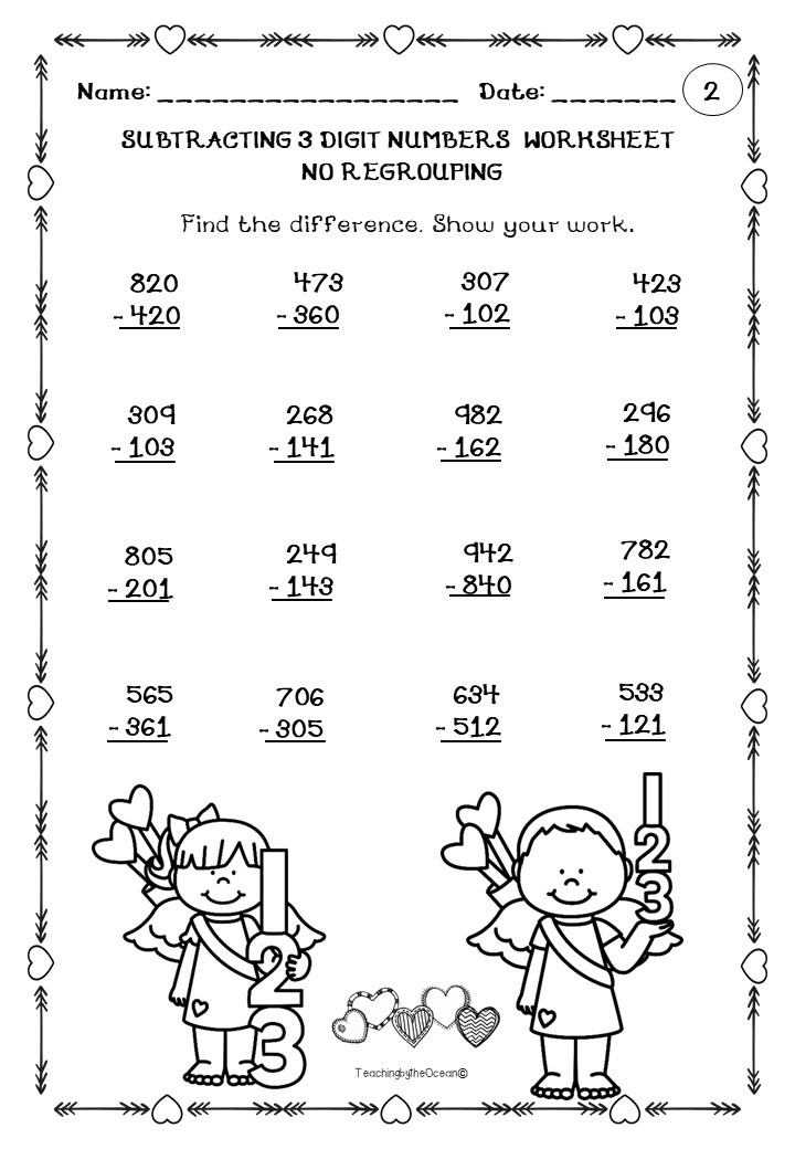 Subtracting 3 Digit Numbers Worksheets - Valentine's day Themed - Amped ...
