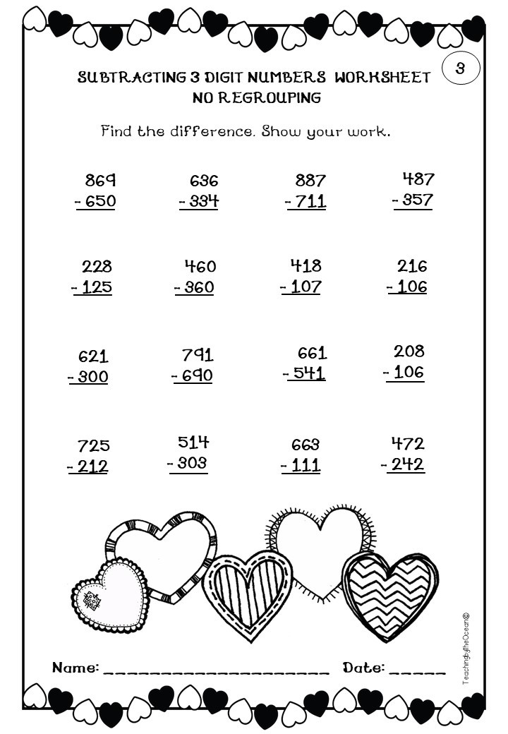 Subtracting 3 Digit Numbers Worksheets - Valentine's day Themed - Amped ...