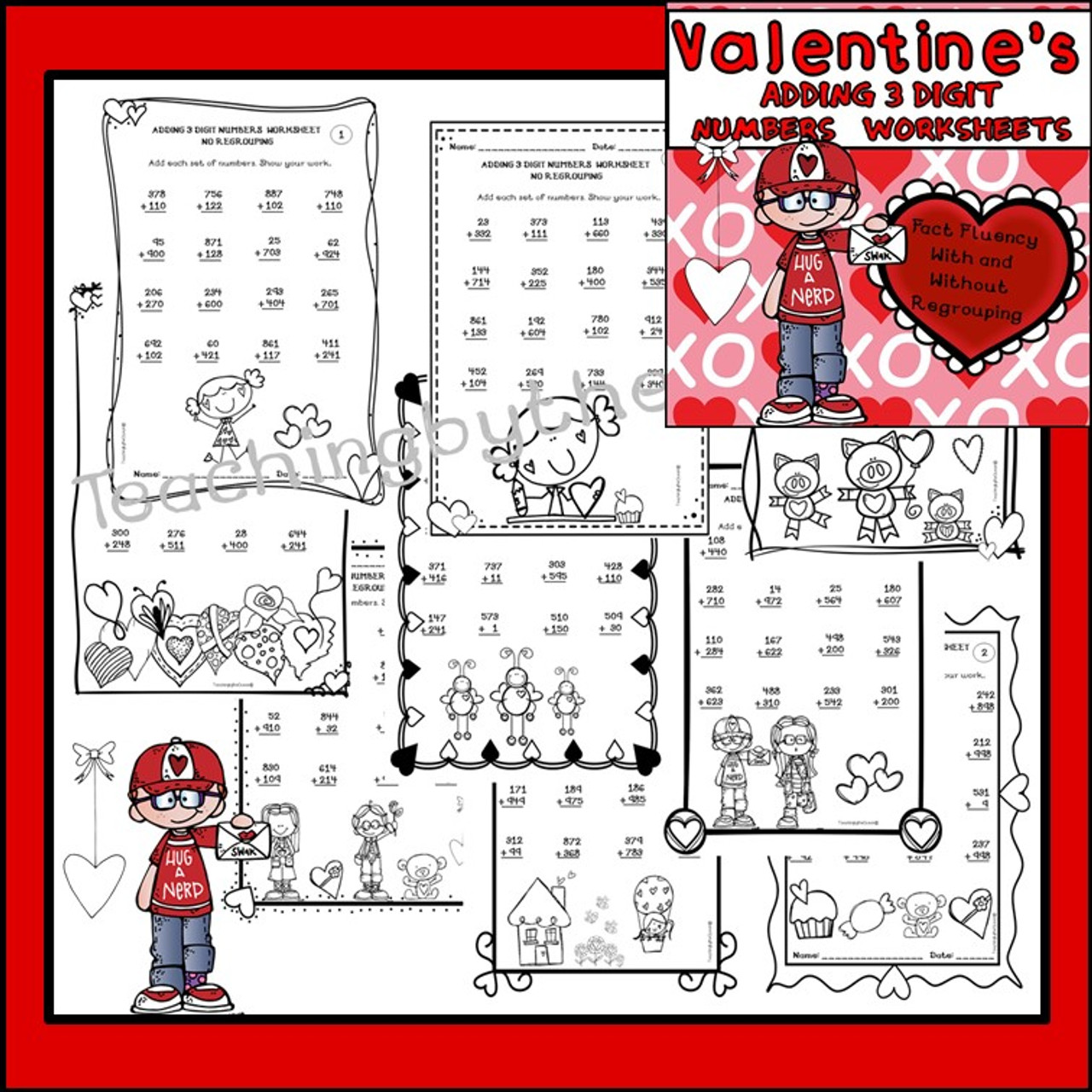 Adding and Subtracting 3 Digit Numbers Worksheets - Valentine's day ...