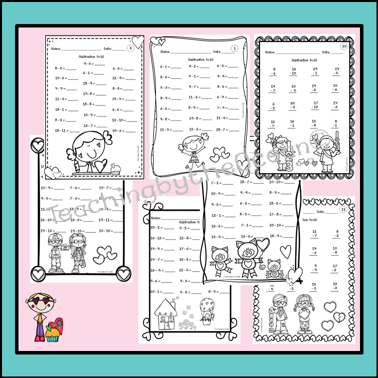 Valentine's Day Subtraction to 20 Fact Fluency Worksheets - Amped Up ...