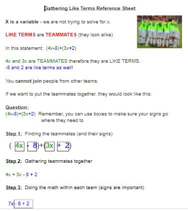 Gathering Like Terms Reference Sheet - Amped Up Learning