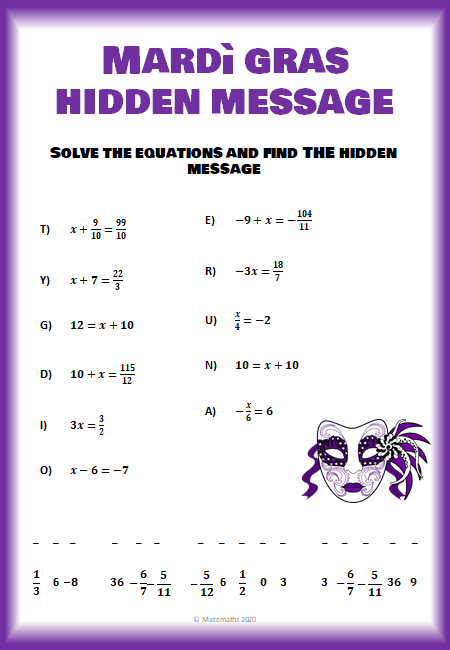 Mardi gras Algebra One Step Equations Activity - Amped Up Learning