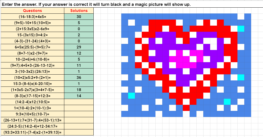 Valentine's Day Order of Operations Hard Pixel Art Activity Google ...
