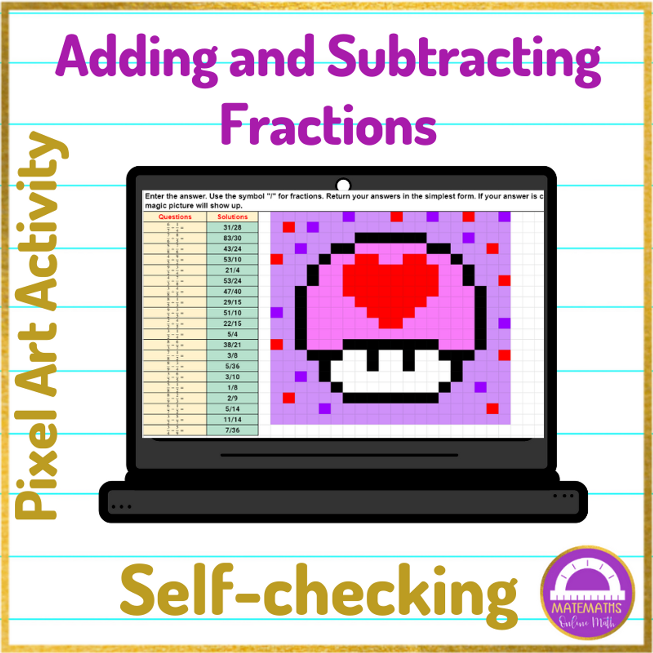 Valentine's Day Adding and Subtracting Fractions Pixel Art Activity