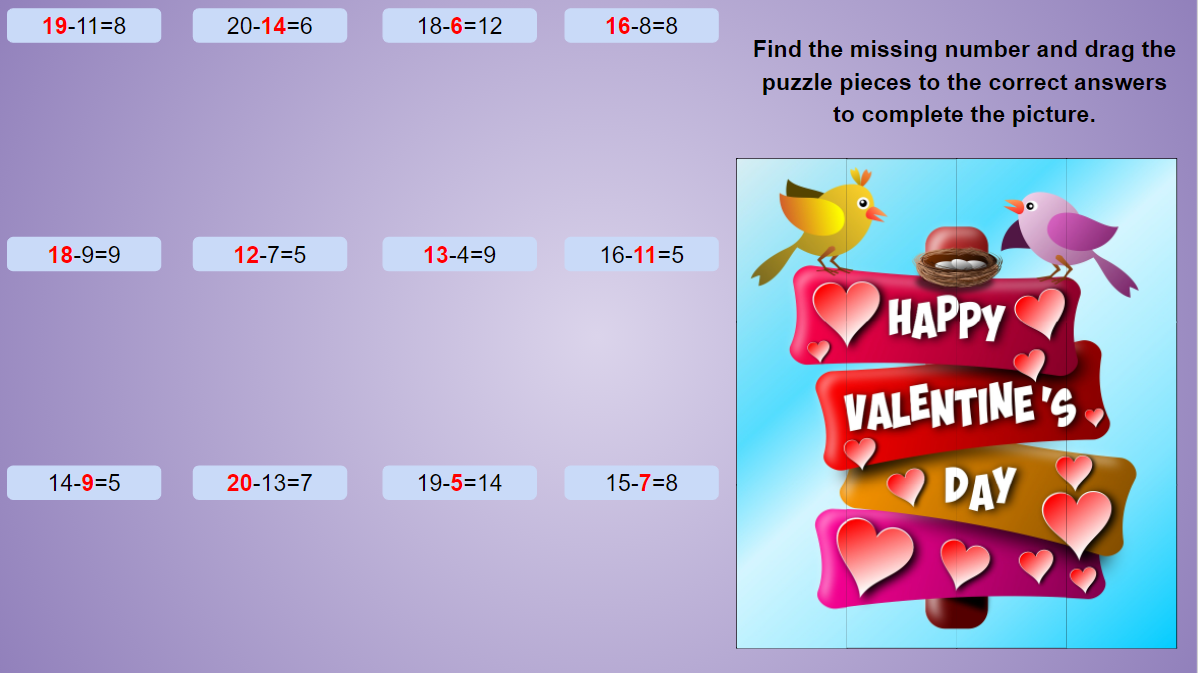 Valentines Day Math Puzzles Missing Addends, Subtrahend, Minuend to 20 ...