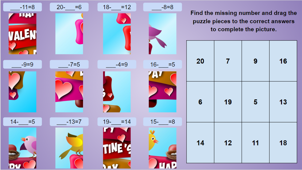 Valentines Day Math Puzzles Missing Addends, Subtrahend, Minuend to 20 ...