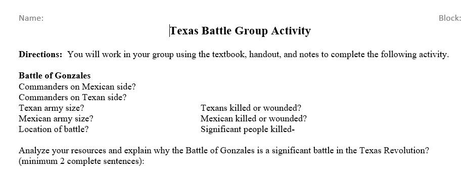 Texas Revolution Battle Posters and Gallery Walk