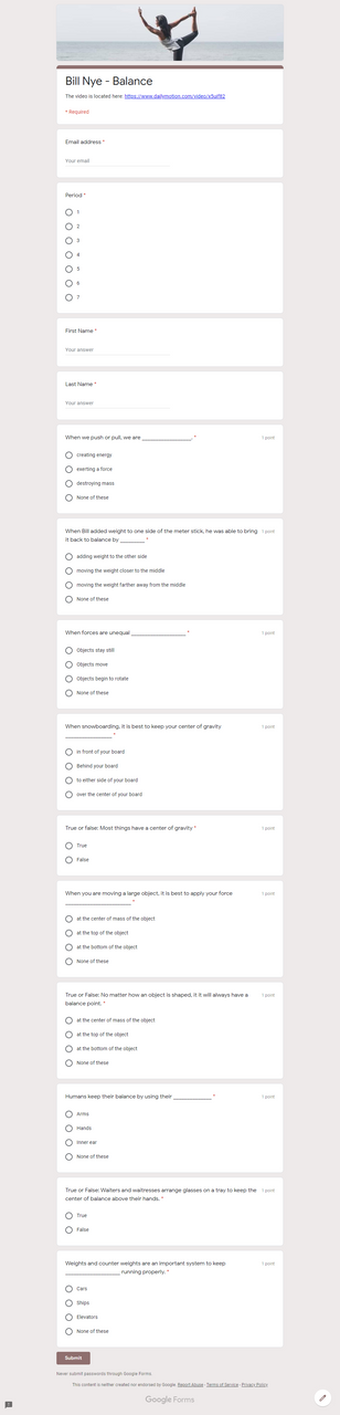 Bill Nye - Balance Google Form (Great sub plans or distance learning!)