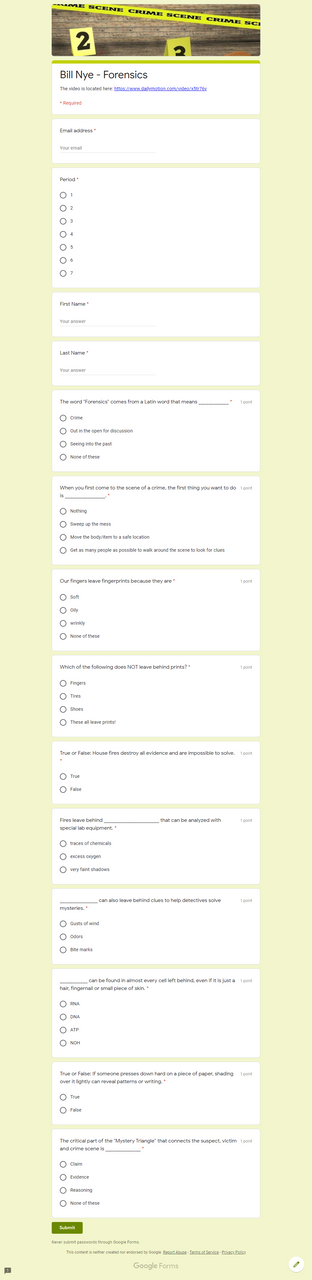 Bill Nye - Forensics Google Form (Great sub plans or distance learning!)